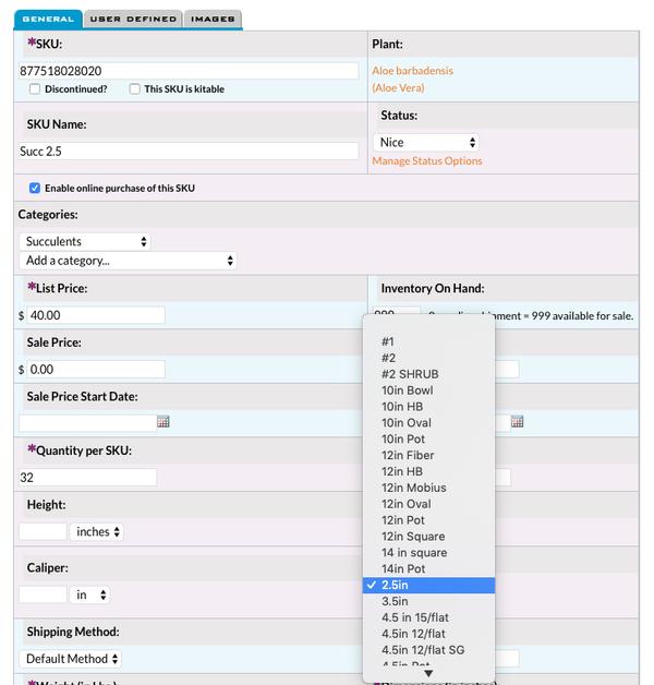 Clarity Connect ToolBox | Plant Database Mgr: Standard SKU Size Editor